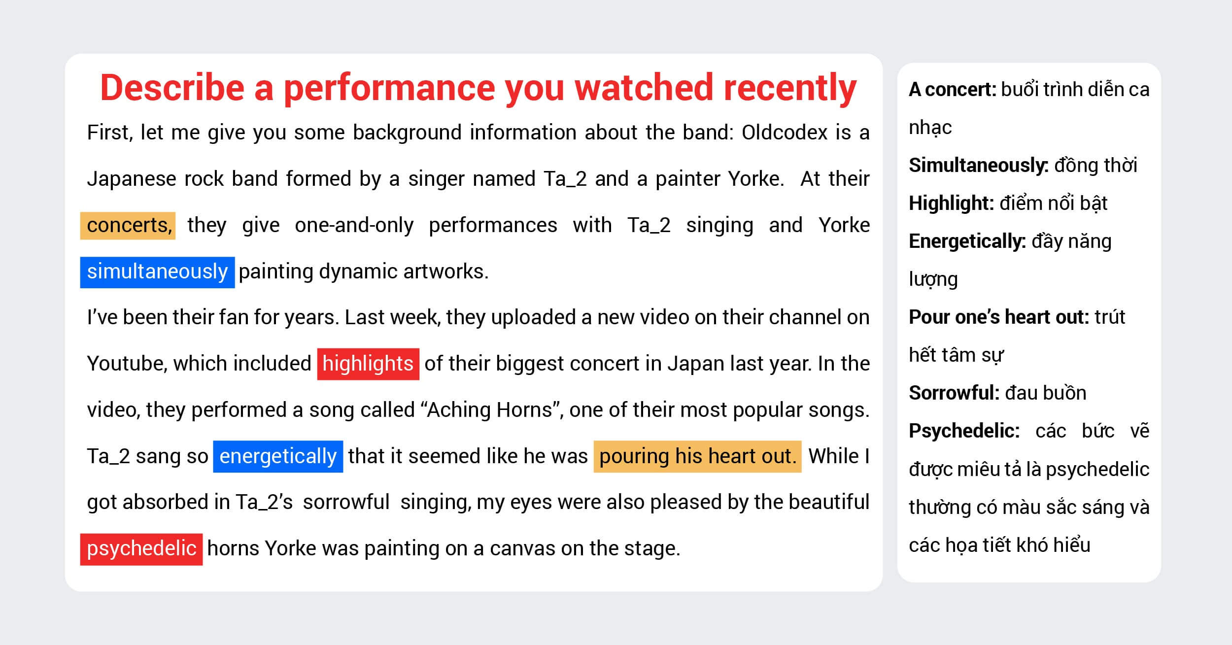 Describe a performance you watched recently: Bài mẫu kèm từ vựng