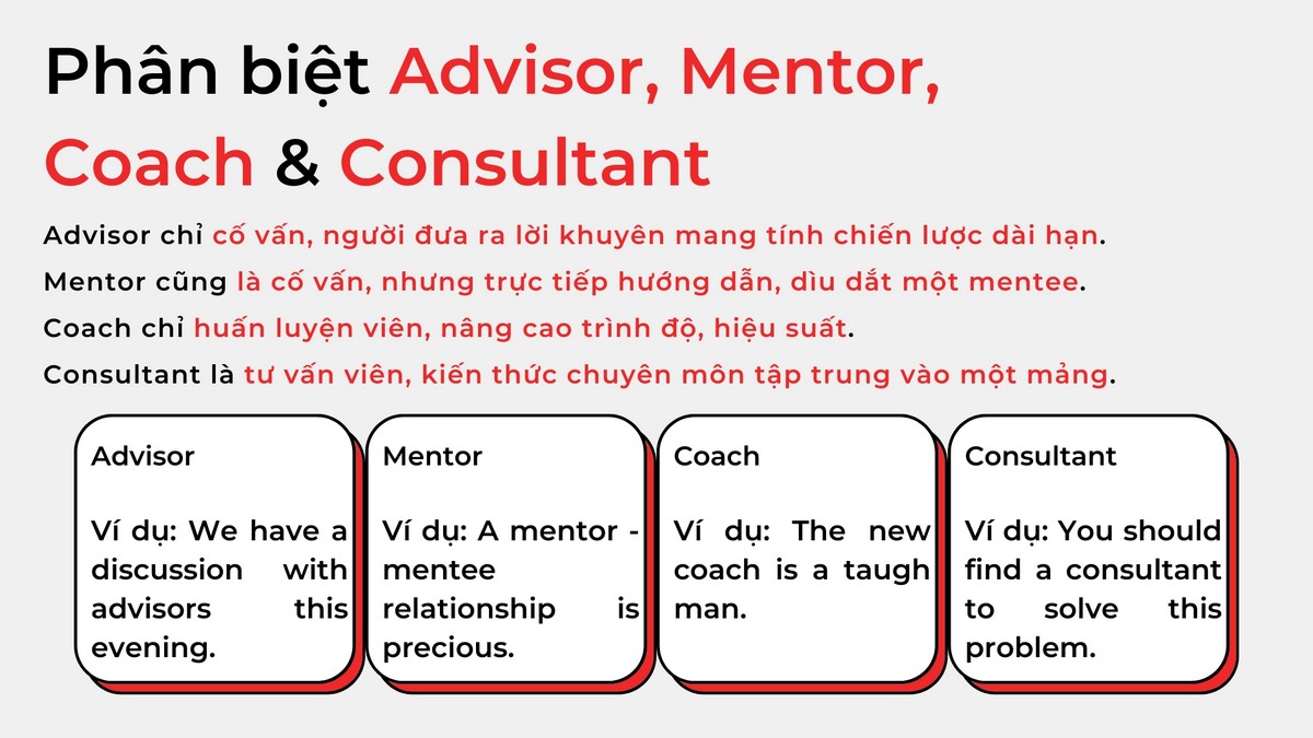 Advisor, Mentor, Coach và Consultant có gì khác nhau trong tiếng Anh?